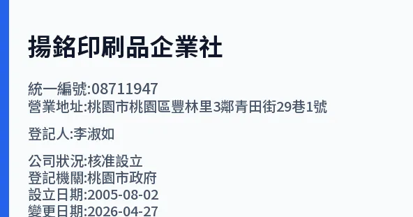 揚銘印刷品企業社的照片-統編 08711947(桃園市) 公司登記資料與營業項目詳細圖表