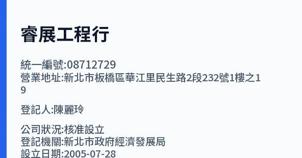 睿展工程行的照片-統編 08712729(新北市) 公司登記資料與營業項目詳細圖表