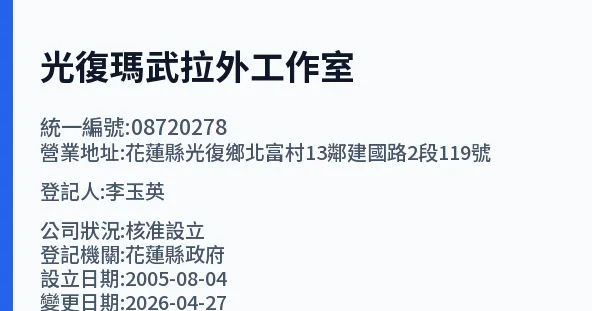 光復瑪武拉外工作室的照片-統編 08720278(花蓮縣) 公司登記資料與營業項目詳細圖表