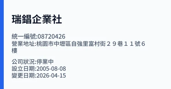 瑞錩企業社的照片-統編 08720426(桃園市) 公司登記資料與營業項目詳細圖表