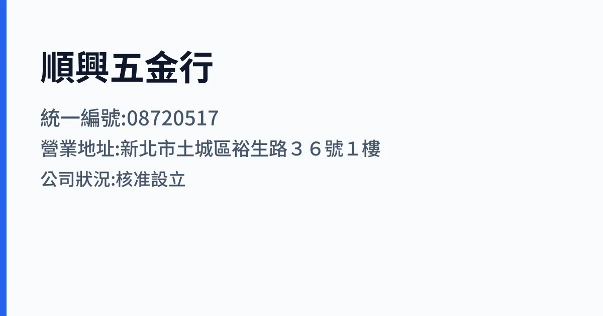 順興五金行 - 統編 08720517(新北市) 公司登記資料與營業項目詳細圖表