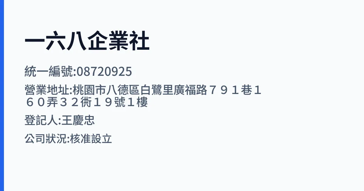 一六八企業社 - 統編 08720925(桃園市) 公司登記資料與營業項目詳細圖表