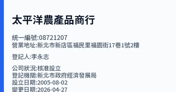 太平洋農產品商行的照片-統編 08721207(新北市) 公司登記資料與營業項目詳細圖表