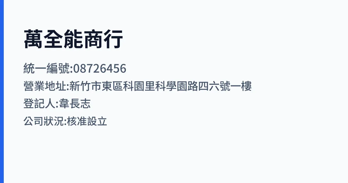 萬全能商行 - 統編 08726456（新竹市） 公司登記資料與營業項目詳細圖表