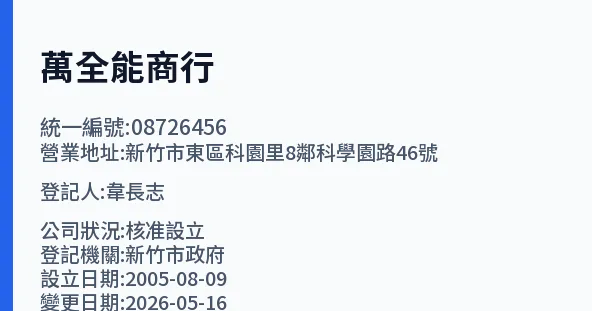 萬全能商行的照片-統編 08726456(新竹市) 公司登記資料與營業項目詳細圖表
