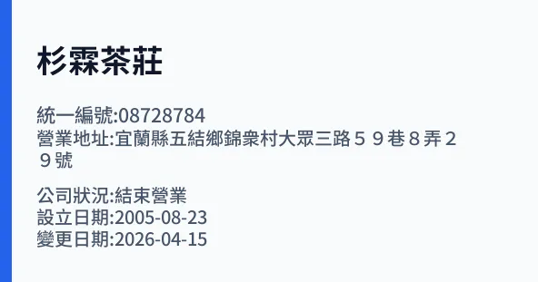 杉霖茶莊的照片-統編 08728784(宜蘭縣) 公司登記資料與營業項目詳細圖表