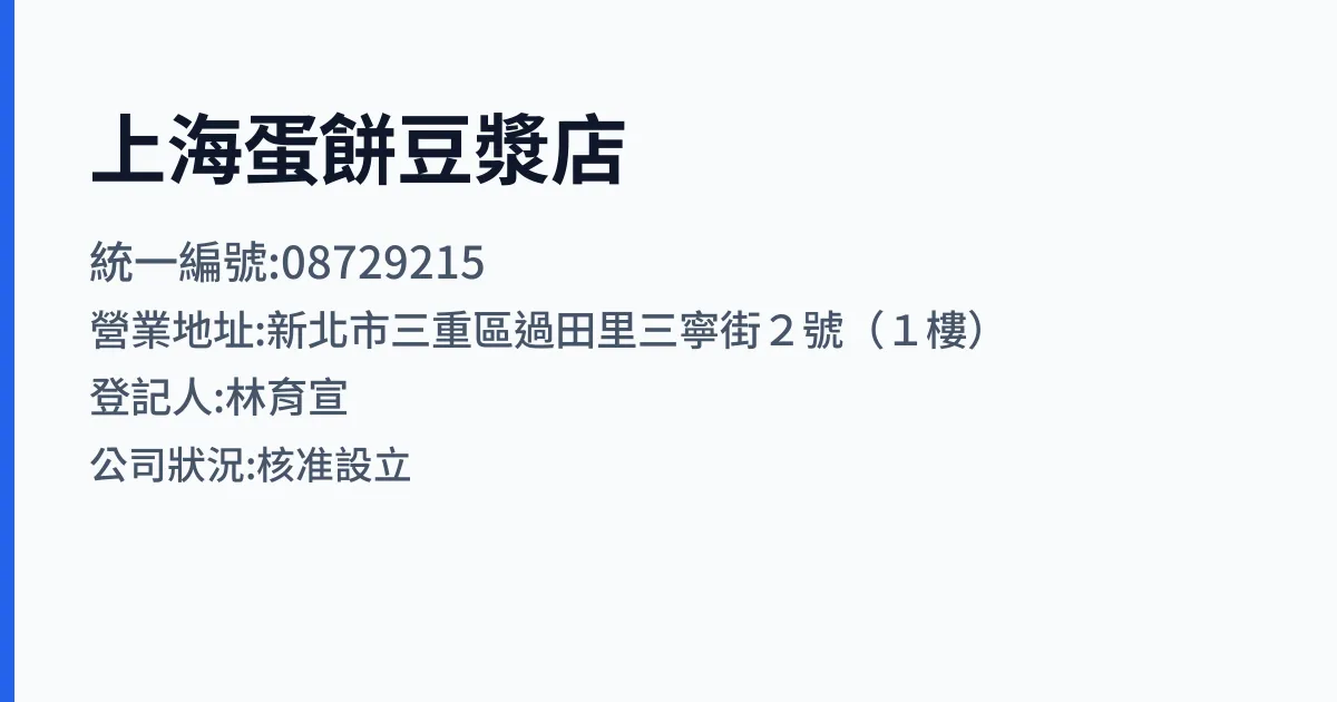 上海蛋餅豆漿店 - 統編 08729215(新北市) 公司登記資料與營業項目詳細圖表