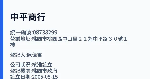 中平商行的照片-統編 08738299(桃園市) 公司登記資料與營業項目詳細圖表