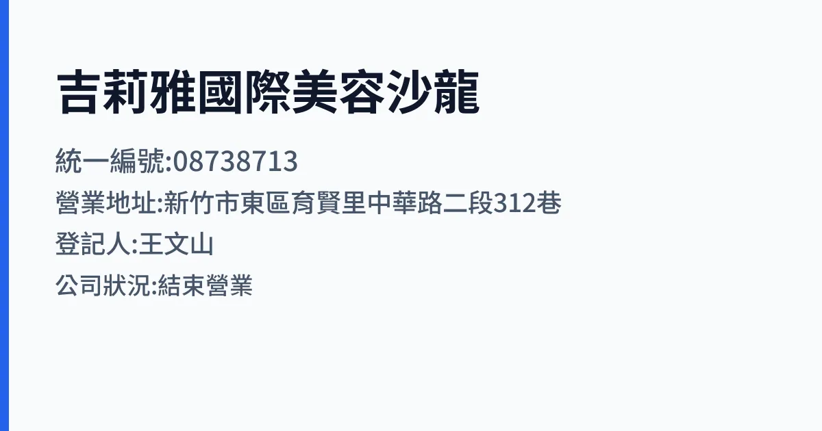 吉莉雅國際美容沙龍 - 統編 08738713(新竹市) 公司登記資料與營業項目詳細圖表