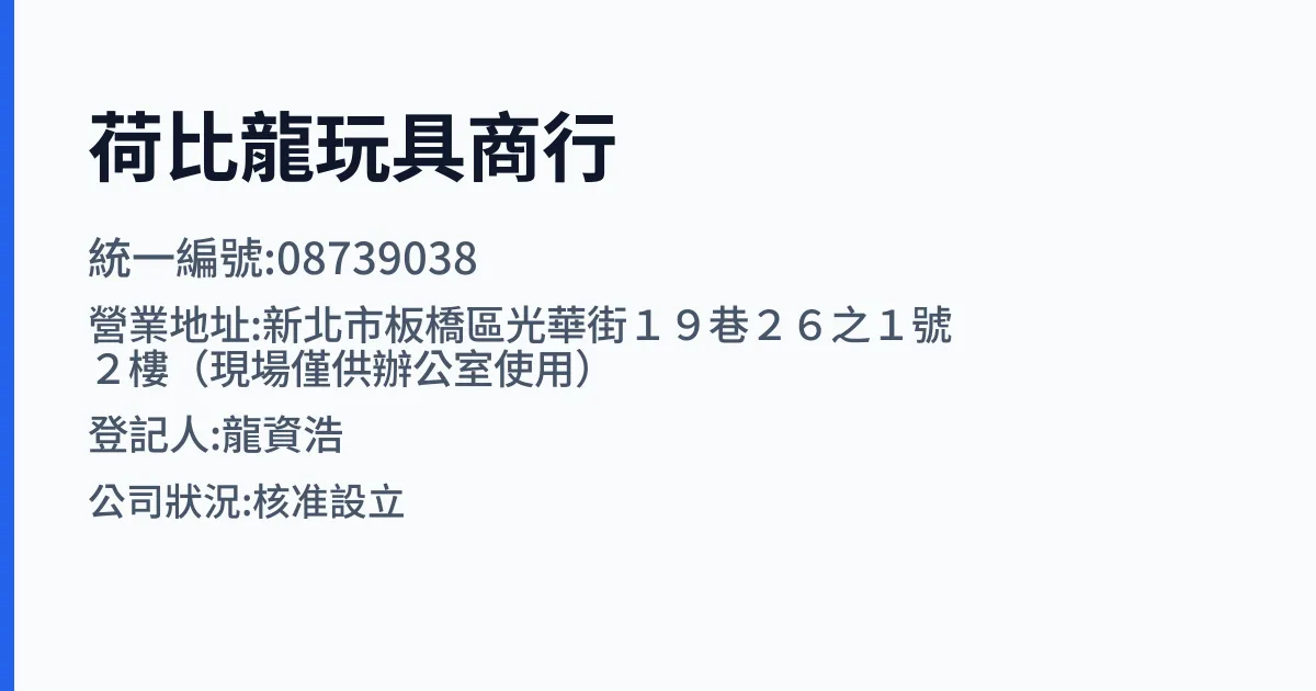 荷比龍玩具商行 - 統編 08739038(新北市) 公司登記資料與營業項目詳細圖表