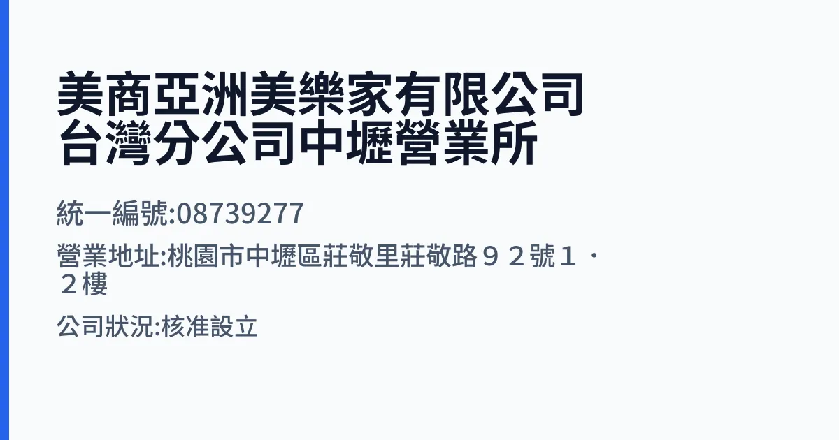 美商亞洲美樂家有限公司台灣分公司中壢營業所 - 統編 08739277(桃園市) 公司登記資料與營業項目詳細圖表