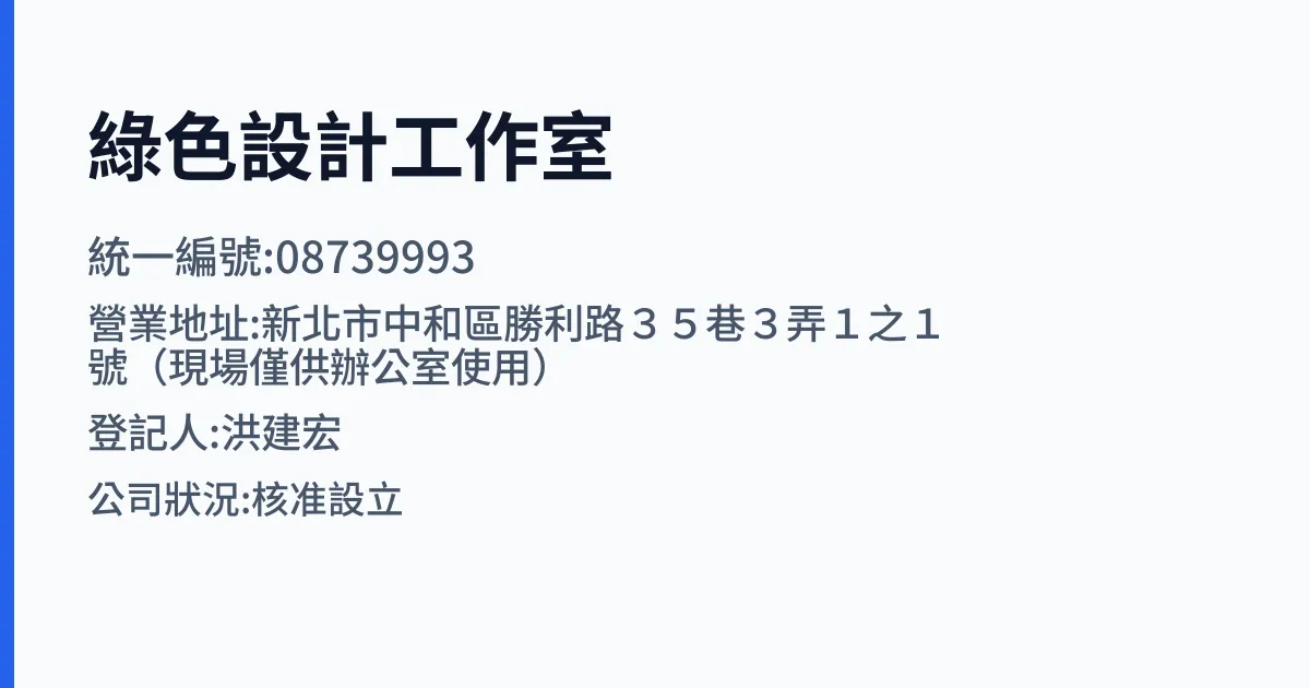 綠色設計工作室 - 統編 08739993(新北市) 公司登記資料與營業項目詳細圖表