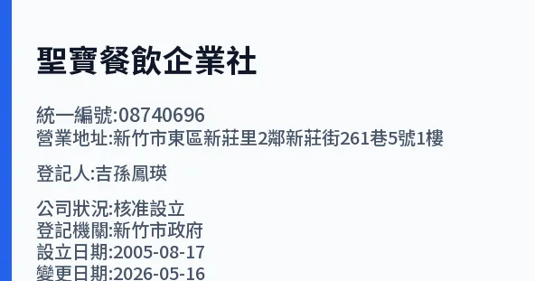 聖寶餐飲企業社的照片-統編 08740696(新竹市) 公司登記資料與營業項目詳細圖表