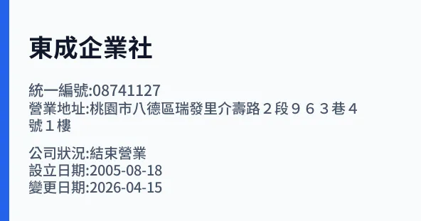 東成企業社的照片-統編 08741127(桃園市) 公司登記資料與營業項目詳細圖表