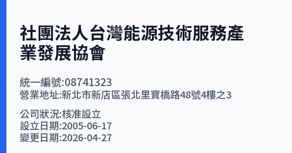社團法人台灣能源技術服務產業發展協會的照片-統編 08741323(新北市) 公司登記資料與營業項目詳細圖表