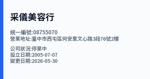 采儀美容行的照片-統編 08755070(臺中市) 公司登記資料與營業項目詳細圖表
