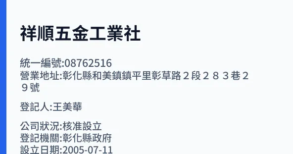 祥順五金工業社的照片-統編 08762516(彰化縣) 公司登記資料與營業項目詳細圖表