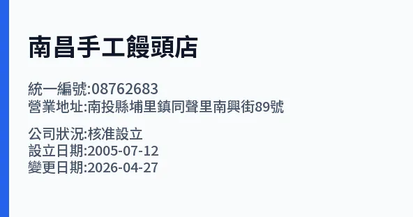 南昌手工饅頭店的照片-統編 08762683(南投縣) 公司登記資料與營業項目詳細圖表