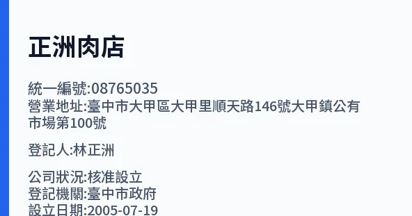 正洲肉店的照片-統編 08765035(臺中市) 公司登記資料與營業項目詳細圖表