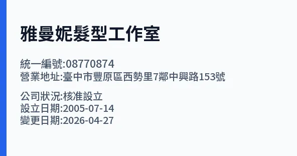 雅曼妮髮型工作室的照片-統編 08770874(臺中市) 公司登記資料與營業項目詳細圖表