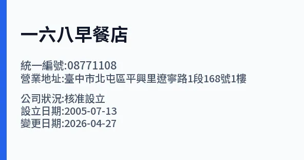 一六八早餐店的照片-統編 08771108(臺中市) 公司登記資料與營業項目詳細圖表
