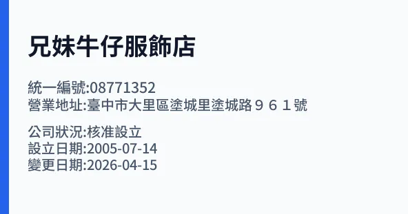 兄妹牛仔服飾店的照片-統編 08771352(臺中市) 公司登記資料與營業項目詳細圖表