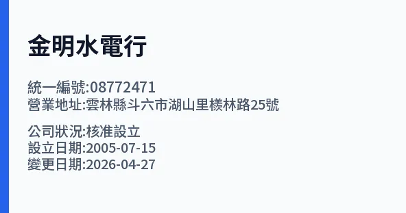 金明水電行的照片-統編 08772471(雲林縣) 公司登記資料與營業項目詳細圖表