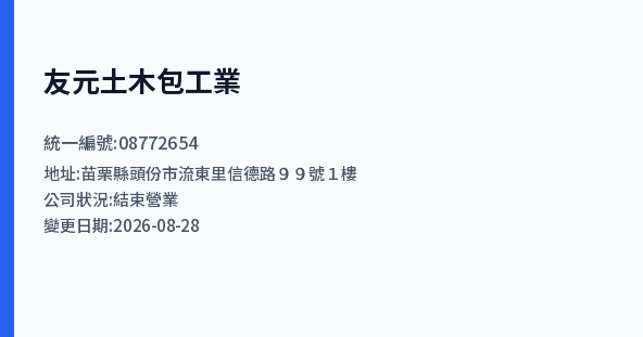 友元土木包工業的照片-統編 08772654(苗栗縣) 公司登記資料與營業項目詳細圖表