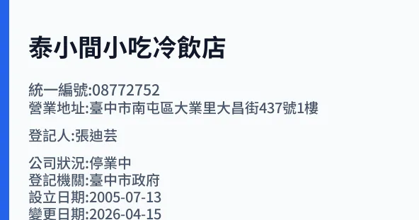 泰小間小吃冷飲店的照片-統編 08772752(臺中市) 公司登記資料與營業項目詳細圖表