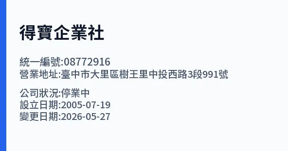 得寶企業社的照片-統編 08772916(臺中市) 公司登記資料與營業項目詳細圖表