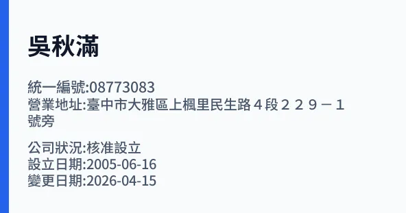 吳秋滿的照片-統編 08773083(臺中市) 公司登記資料與營業項目詳細圖表