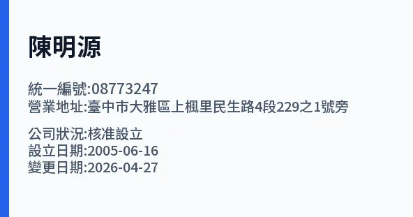 陳明源的照片-統編 08773247(臺中市) 公司登記資料與營業項目詳細圖表