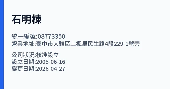 石明棟的照片-統編 08773350(臺中市) 公司登記資料與營業項目詳細圖表
