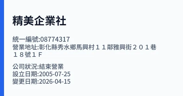 精美企業社的照片-統編 08774317(彰化縣) 公司登記資料與營業項目詳細圖表