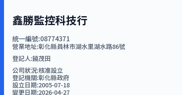 鑫勝監控科技行的照片-統編 08774371(彰化縣) 公司登記資料與營業項目詳細圖表