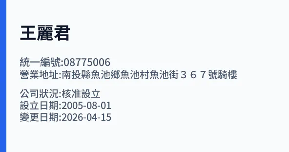 王麗君的照片-統編 08775006(南投縣) 公司登記資料與營業項目詳細圖表