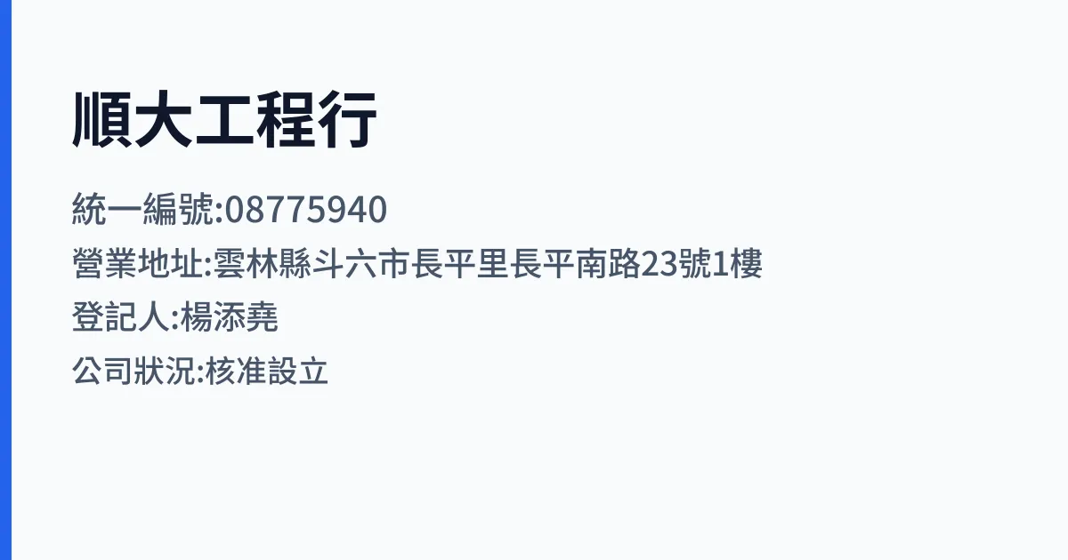 順大工程行 - 統編 08775940（雲林縣） 公司登記資料與營業項目詳細圖表