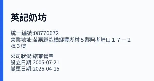 英記奶坊的照片-統編 08776672(苗栗縣) 公司登記資料與營業項目詳細圖表