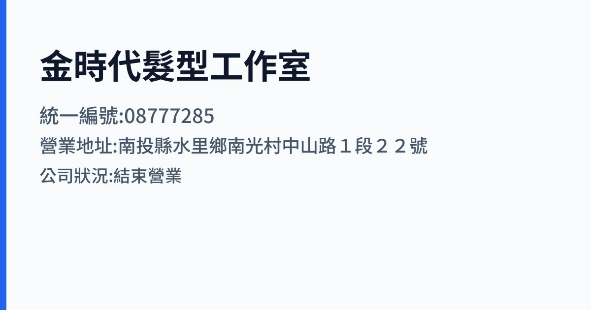金時代髮型工作室 - 統編 08777285(南投縣) 公司登記資料與營業項目詳細圖表