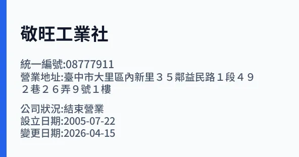 敬旺工業社的照片-統編 08777911(臺中市) 公司登記資料與營業項目詳細圖表