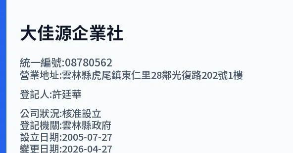 大佳源企業社的照片-統編 08780562(雲林縣) 公司登記資料與營業項目詳細圖表