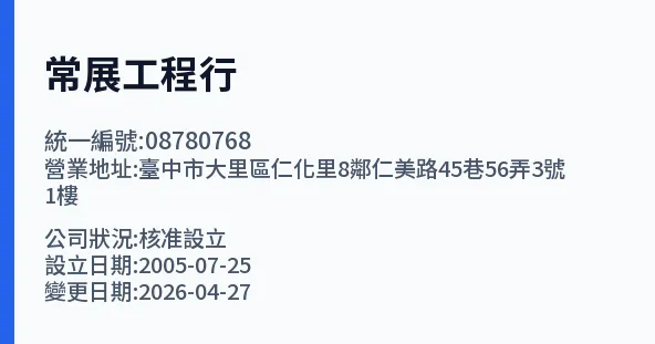 常展工程行的照片-統編 08780768(臺中市) 公司登記資料與營業項目詳細圖表
