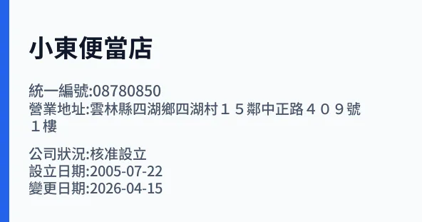 小東便當店的照片-統編 08780850(雲林縣) 公司登記資料與營業項目詳細圖表