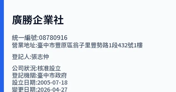 廣勝企業社的照片-統編 08780916(臺中市) 公司登記資料與營業項目詳細圖表