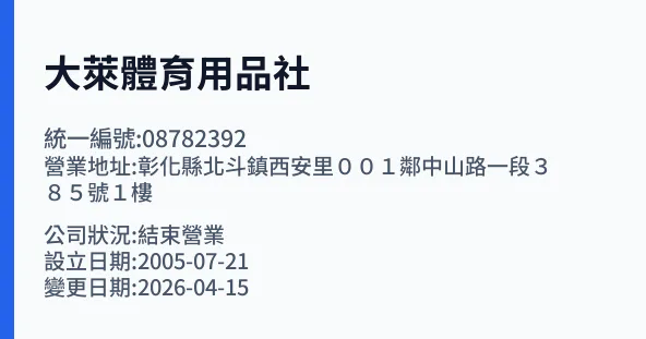 大萊體育用品社的照片-統編 08782392(彰化縣) 公司登記資料與營業項目詳細圖表
