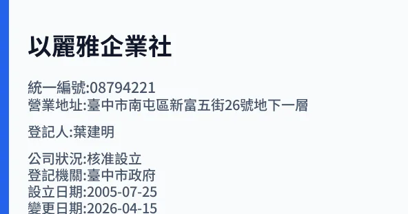 以麗雅企業社的照片-統編 08794221(臺中市) 公司登記資料與營業項目詳細圖表