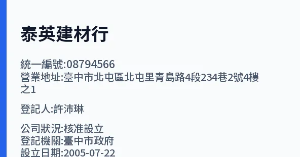 泰英建材行的照片-統編 08794566(臺中市) 公司登記資料與營業項目詳細圖表