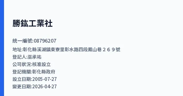 勝鈜工業社的照片-統編 08796207(彰化縣) 公司登記資料與營業項目詳細圖表