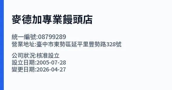 麥德加專業饅頭店的照片-統編 08799289(臺中市) 公司登記資料與營業項目詳細圖表