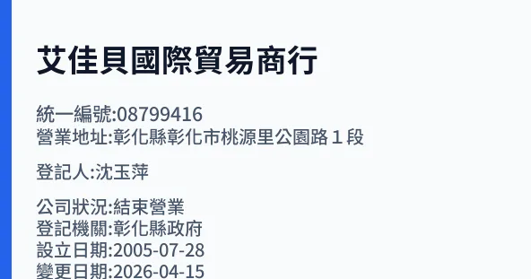 艾佳貝國際貿易商行的照片-統編 08799416(彰化縣) 公司登記資料與營業項目詳細圖表